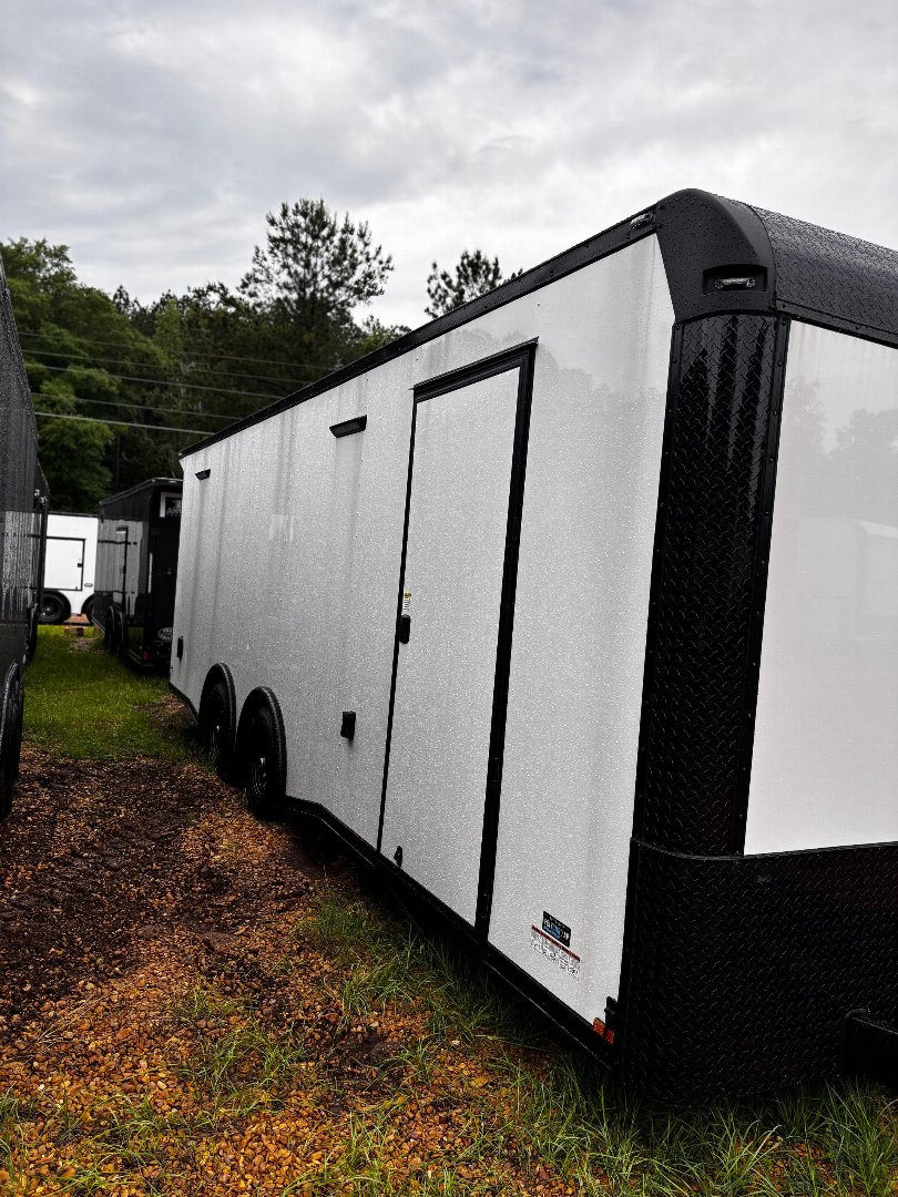 New 2025 8.5X24' WHITE RACE TRAILER-BLACKOUT TRIM-5200# TORSION AXLES-ESCAPE DOOR-REAR SPOILER W ...